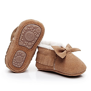 HONGTEYA Baby Moccasins with Fur Fleece Rubber Soles Warm Snow Boots Leather Baby Shoes for Boys Girls (6-12m/4.92", Bow-Brown)