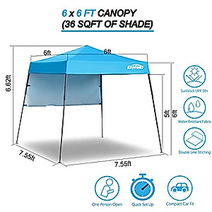 EzyFast Ultra Compact Backpack Canopy, Pop Up Shelter, Portable Sports Cabana, 7.5 x 7.5 ft Base / 6 x 6 ft top for Hiking, Camping, Fishing, Picnic, Family Outings