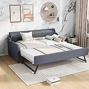 Harper & Bright Designs Twin Size Upholstery Daybed with Adjustable Trundle and USB Charging Design, Wooden Twin Daybed with Pop Up Trundle, No Spring Box Needed, Gray
