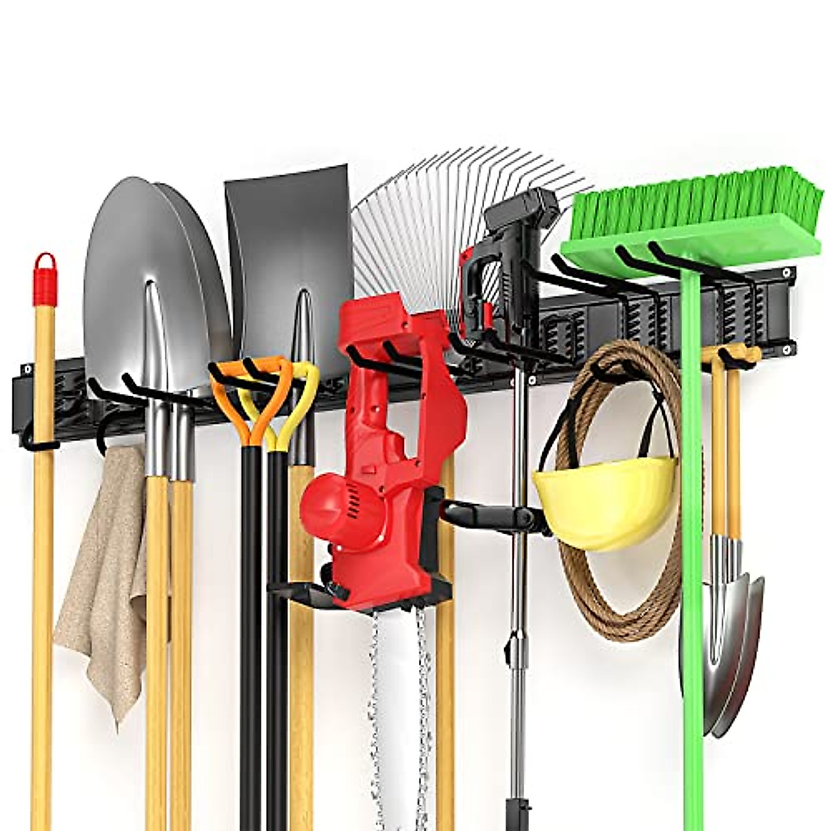 Garage Tool Organizer Wall Mount 11 PCS, Yard Garden Tool Organizer, Adjustable Garage Organizers with 8 Heavy Duty Hooks, Max Load 500lbs Garage Storage for Garden Tools, Shovels, Trimmers, Hoses