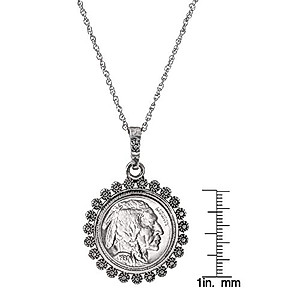American Coin Treasures Buffalo Nickel Coin Pendant Necklace - U.S. Silvertone Medallion Pendant with Blossom Bezel - 24 Inch Rope Chain