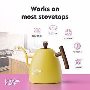 Bohemian Stainless Steel - Gooseneck Kettle for Induction and Electric Stovetops - Pour Over Coffee & Tea Kettle - Small 34 oz Yellow Stove Top Goose Neck Water Boiler & Tea Pot