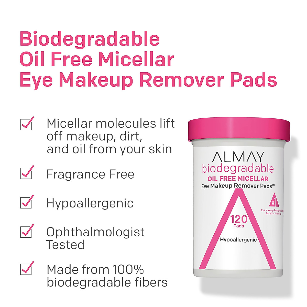 Almay Biodegradable Makeup Remover Pads, Micellar Gentle, Hypoallergenic, Fragrance-Free, Dermatologist & Ophthalmologist Tested, 120 Count