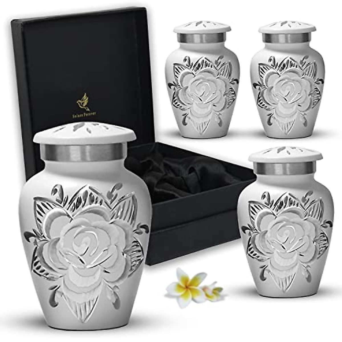 Rose Keepsake Urns for Human Ashes Set of 4 - White Rose Urns with Premium Box & Bags - Honor Your Loved One with Rose Cremation Urns - Small Urns for Ashes Keepsake - Mini Urns for Men & Women