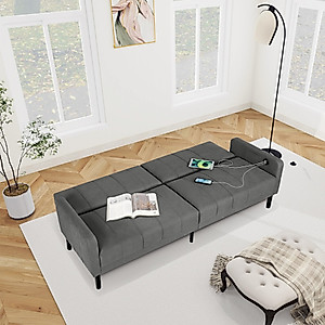 CHYMSUN 82" Convertible Futon Sofa Bed, Comfy Fabric Folding Sleeper Couch Bed w/USB & Adjustable Backrest, 3 in 1 Modern Foldable Recliner Loveseat Futons for Living Room, Apartment, Office (Grey)