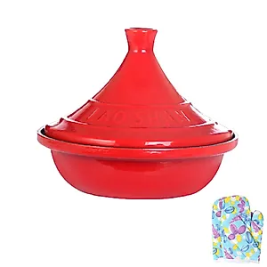 Cast Iron Moroccan Tagine with Gloves Enameled Base and Cone-Shaped Lid Slow Cooker Tagine Pot Non-Stick Pot Without Lead Cooking Pot Good for Baking and Frying, Oven and Dishwasher Safe (A,Red)