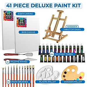 KEFF Oil Paint Set for Adults and Kids - Art Supplies Painting Kits with 24 Oil Paints, Stretched Canvas, Art Easel, Brushes, Palette, Knives and Paper Pad