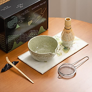 DWEHIXBUY Japanese Matcha Ceremony Accessory, Matcha Whisk, Traditional Scoop (Chashaku), Tea Spoon, Whisk Holder, 1 tea bowl, 1 tea siev, The Perfect Set to Prepare a Traditional Cup of Matcha.