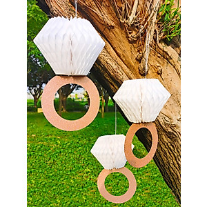 Engagement Party Decorations, Bridal Shower Supplies, Honeycomb Ring Hanging Decorations, Rose Gold Glitter Diamond Rings (3pcs), Engaged Diamond Rings Decorations for Engagement