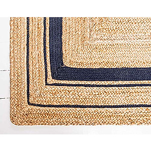 Unique Loom Braided Jute Collection Classic Quality Made Hand Woven with Coastal Design Area Rug, 6 ft x 9 ft, Natural/Navy Blue