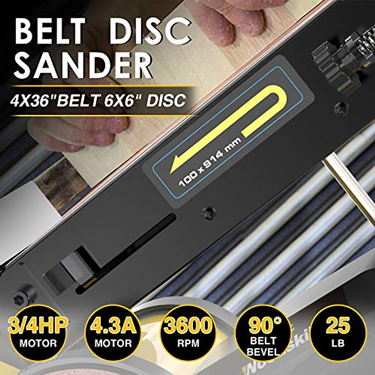 Woodskil 4.3A Belt Sander, 4 x 36 in. Belt & 6 in. Disc Sander, Double Dust Exhaust Port, Steel Base, 2Pcs Sandpapers Included