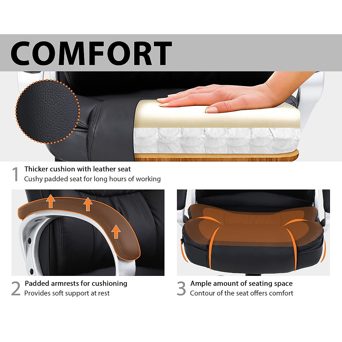 Ergonomic Office Chair, Height Adjustable Pu Leather Office Chair with Padded Armrests and Lumbar Support, 250 Lbs Heavy Duty Swivel Desk Chair Computer Chair for Men Women, Desk Chairs with Wheels