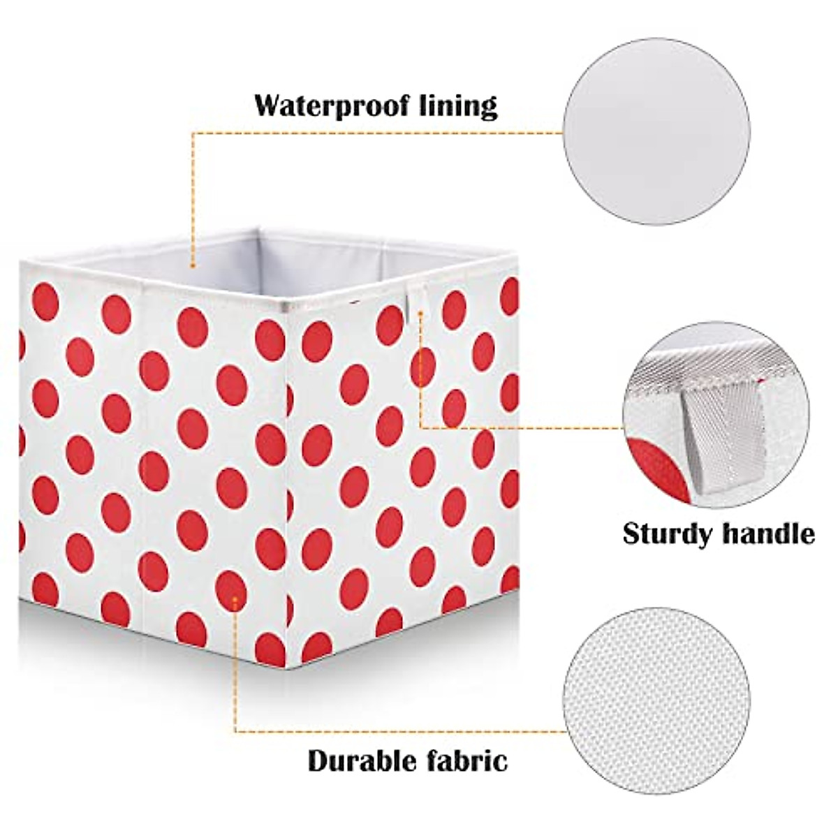 Polka Dot Red White Collapsible Fabric Storage Cubes Bins with Handles Square Closet Organizer Waterproof Lining for Nursery Drawer Shelves Cabinet 15.75x10.63x6.96 Inches