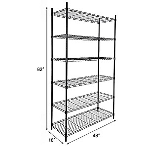 YSSOA Heavy Duty 6-Shelf Shelving, Wire Shelving, Adjustable Storage Units, 48'' D x 18'' W x 82'' H, 6 Tier, Black