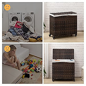 ALIMORDEN Wicker Laundry Hamper with Lid and Wheels 110L Clothes Laundry Basket with Removable Liner Bags Large Hampers for Laundry Organizer 3 Sections for Bedroom Closet Laundry Room Bathroom Brown