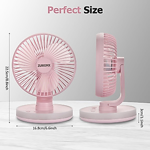 Portable Desk Fan with Circular LED Lights, 4 Speeds, 90° Rotation Adjustable Oscillating Fan, 4000mAh Rechargeable Fan, Battery Powered Quiet Personal Fan for Home Office, Detachable Cleaning (Pink)