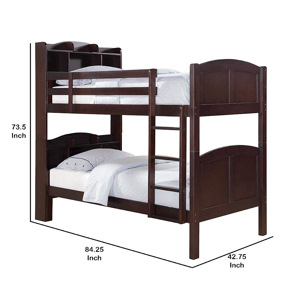 Benjara Arched Panel Design Twin Bunk Bed with Bookcases, Brown