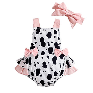 Baby Girls Cow Print Romper Summer Sleeveless Backless Jumpsuit Ruffle Bowknot Tutu Dress Sunsuit with Headband Farm Cow Themed First Birthday Coming Home Outfit for Photo Props Pink Cow 12-18 Months
