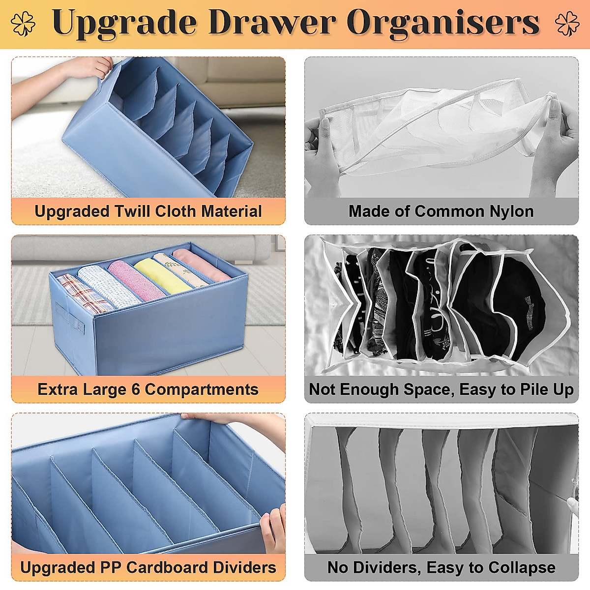 2Pcs Extra Large 6 Compartments Wardrobe Clothes Organizer, Upgraded Laundry Cabinet Clothes Storage Box, Foldable Visible Clothes Drawer Organizer for Jeans, Sweaters, T-shirts, Pants, Legging