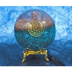 Orgonite Crystal Blue Aquamarine Crystal Ball with Stand for Positive Energy, E-emission Protection and Chakra Balancing –with Flower of Life Symbol to Promote Purpose, Serenity and Courage