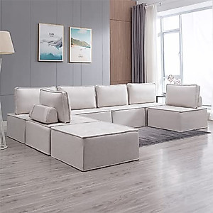 ZAFLY Modular Sectional Sofa, Convertible L Shaped U Shaped Couch Sofa, Living Room Furniture Sets Modern Armless Floor Sofa, Couch for Living Room Bedroom, 7PCS (Beige)