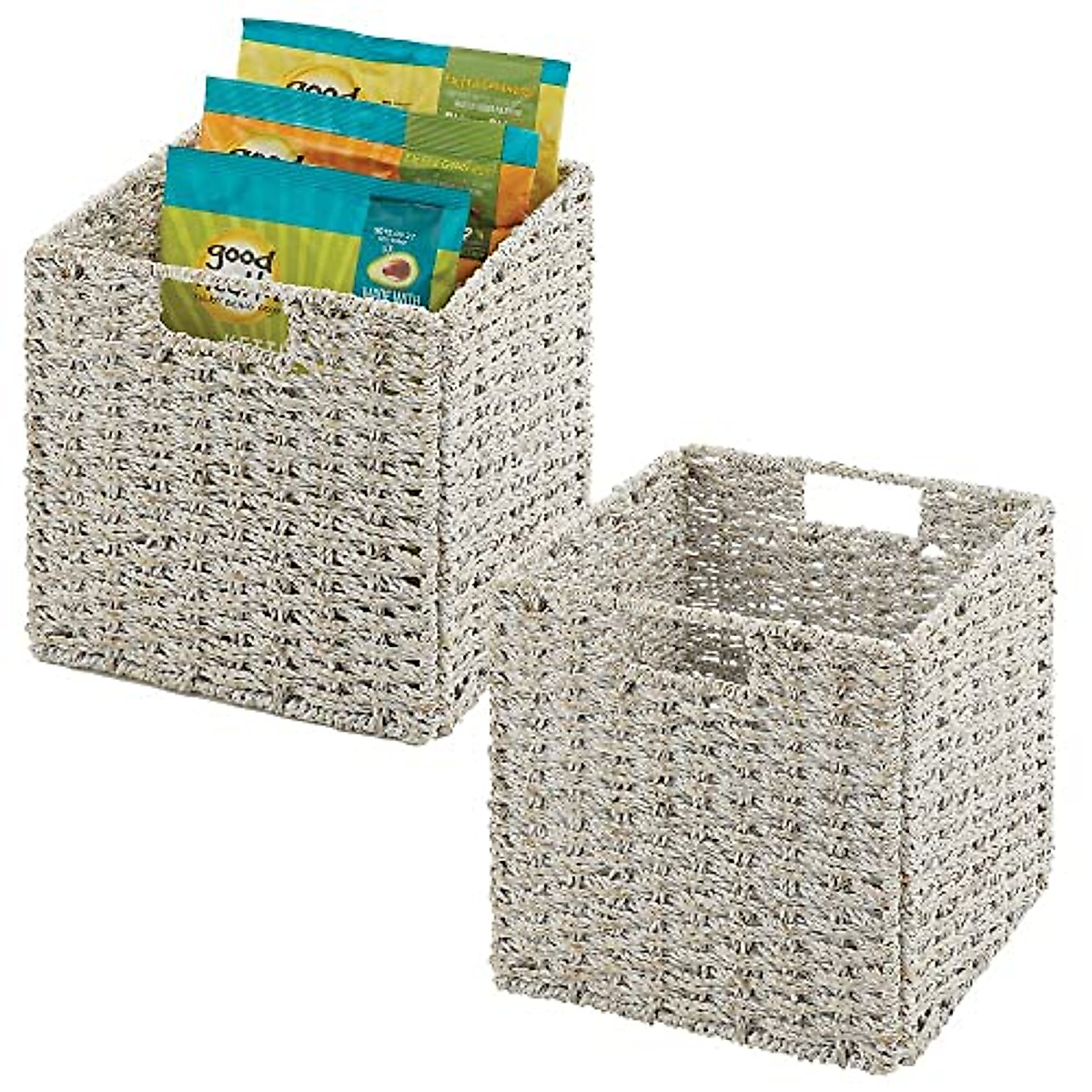 mDesign Seagrass Woven Cube Storage Bin Basket Organizer with Handles for Kitchen Pantry, Cabinet, Cupboard - Shelf and Cubby Organization, Holds Food, Drinks, Snacks, Appliances - 2 Pack - White Wash
