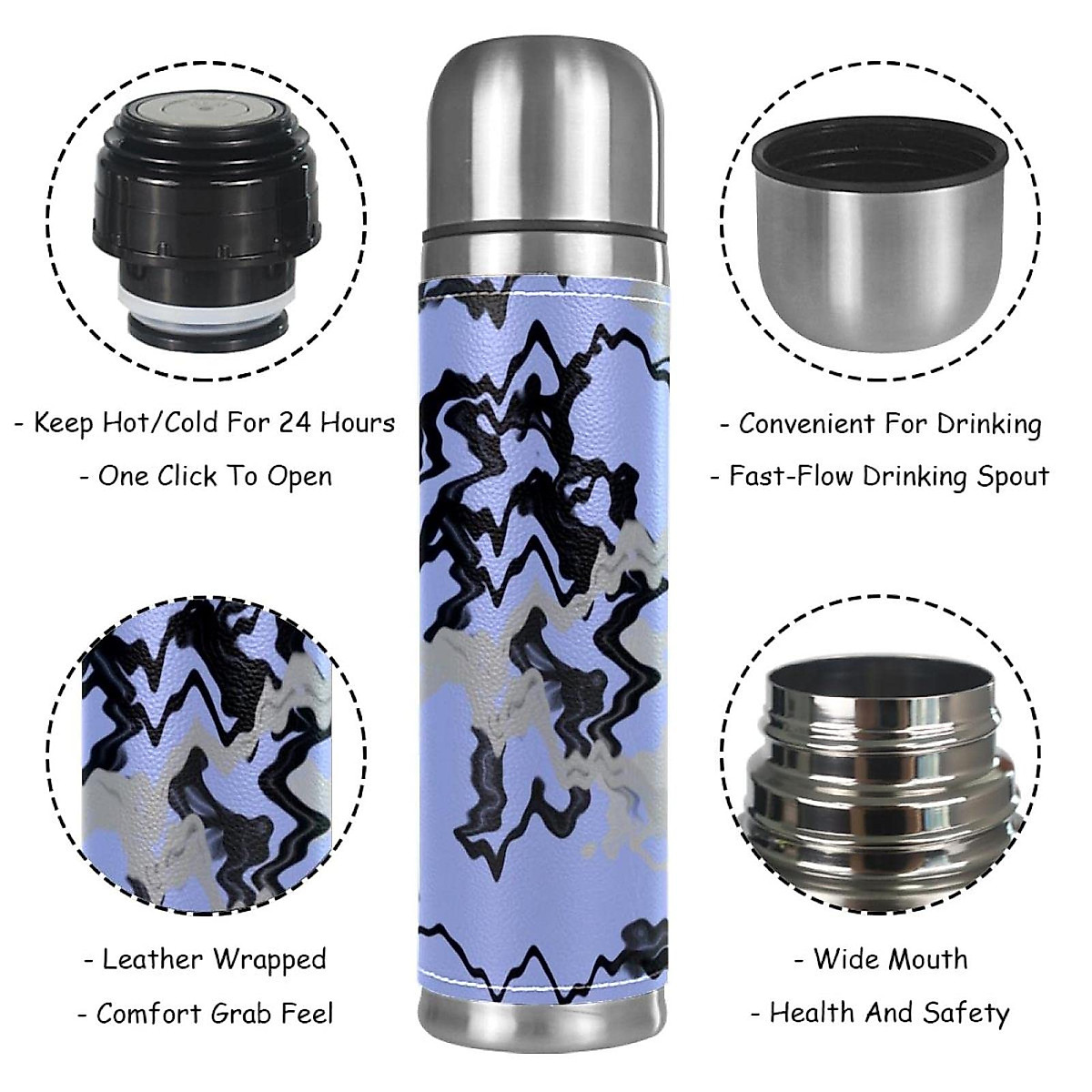 Stainless Steel Leather Vacuum Insulated Mug Abstract Texture Thermos Water Bottle for Hot and Cold Drinks Kids Adults 16 Oz