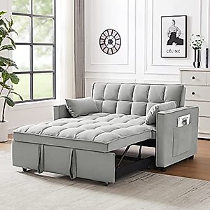 BIADNBZ Futon 3 in 1 Convertible Sleeper Sofa Velvet Fabric w/Pullout Bed, Small Loveseat w/Reclining Backrest, Toss Pillows, Pockets, Couches for Living Room/Apart, Gray