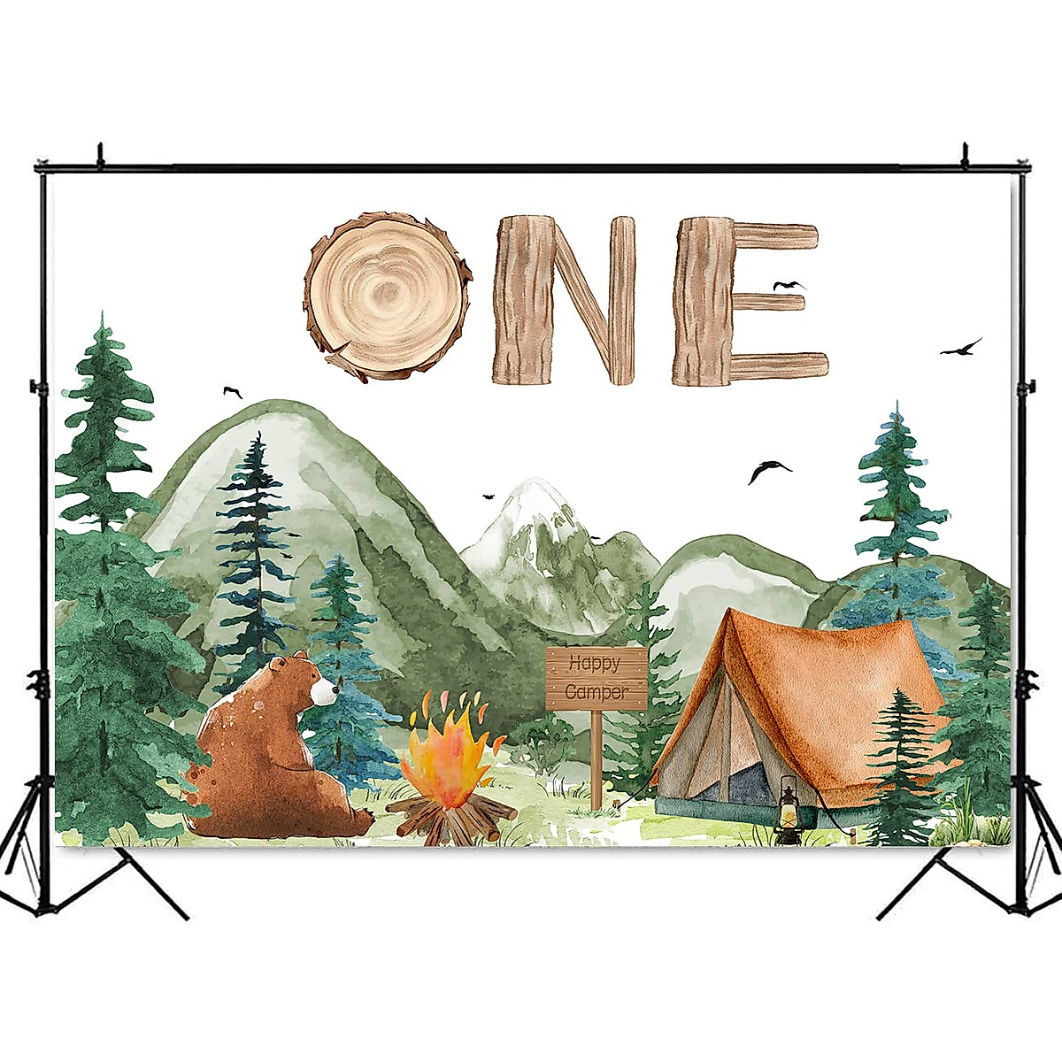ANSHUHAI One Happy Camper Backdrop One Happy Camper Birthday Decorations Boy's 1st Birthday Party Photography Background Forest Camping Birthday Backdrop One Happy Camper Banner (8x6ft)