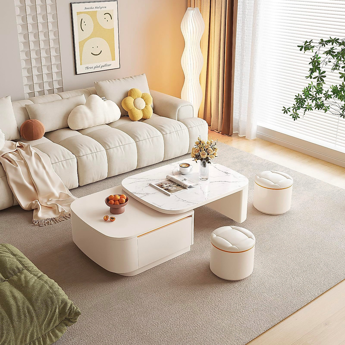 GraceNook Extended Oval Coffee Table with 2 Pu Leather Stools Set, Length Extend from 35"- 54", Nesting Coffee Table 3 Sets with Faux Marble Surface, Center Table with 2 Drawers for Living Room