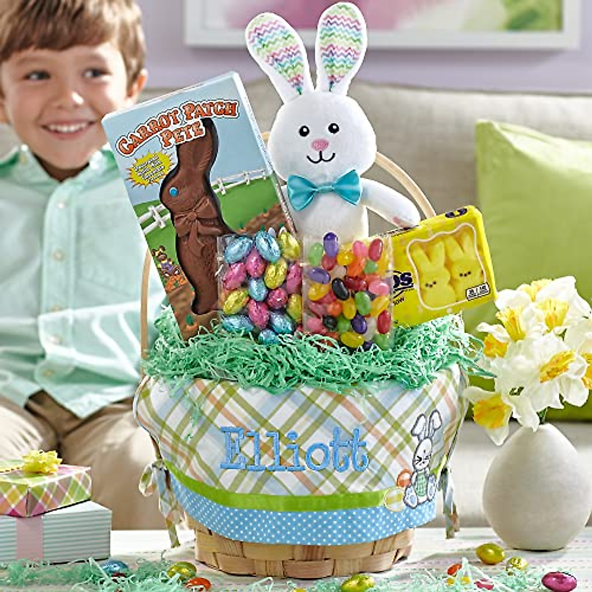Let's Make Memories Personalized Create Your Own Wicker Easter Basket – Blue Bunny Design - Basket Only - Customize with Any Name - Medium