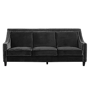 Iconic Home Camren Sofa Velvet Upholstered Swoop Arm Silver Nailhead Trim Espresso Finished Wood Legs Couch Modern Contemporary, Black
