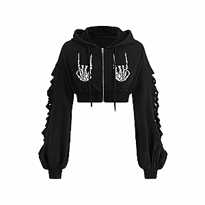 WDIRARA Women's Skeleton Skull Graphic Print Hoodie Drop Shoulder Drawstring Sweatshirt Zipper Up Long Sleeve Crop Top Black M