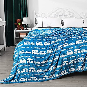 Blue Camping Throw Blanket Plush Soft Coral Fleece Blanket Retro Bus RV Car Camping Bedding Camp Life Live to Camp Happy Camper Blanket Fluffy Warm Camper Gifts for Women Couch Bed Sofa, 60 x 80 Inch