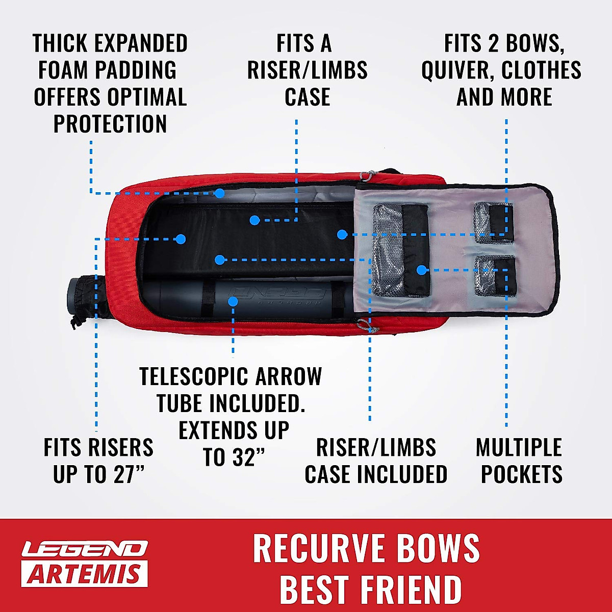 Legend Artemis Archery Backpack for Recurve Bow - Professional Bow Backpack for Travels - Storage Pockets for Gear & Accessories - Protective Foam Padding - Comes with Arrow Tube Case - 11"x8"x27"