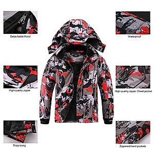 AFILOK Boy's Big Kid Ski Jacket Waterproof Breathable Kids Fleece Lined Windproof Hooded Snowboard Coats(red camouflage 8-9