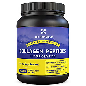 Zen Principle Grass-Fed Collagen Peptides 1.5 lb. Anti-Aging Hydrolyzed Protein Powder for Healthy Hair, Skin, Joints & Nails. Paleo and Keto Friendly, GMO and Gluten Free, Pasture-Raised Bovine.