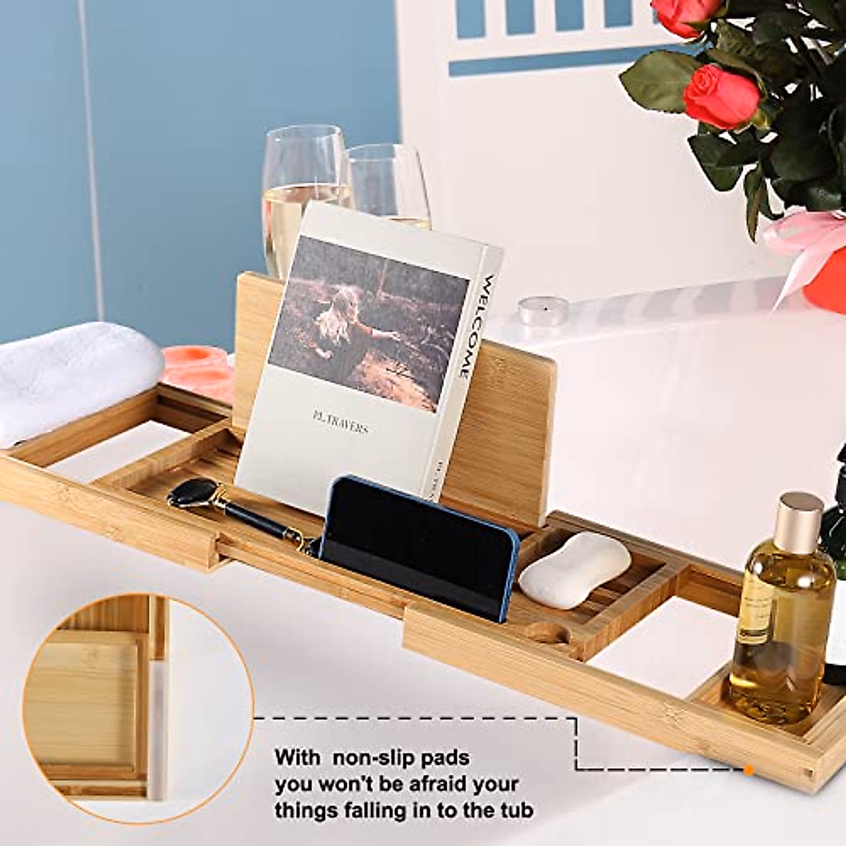Bamboo Bathtub Caddy Tray, Expandable Bath Tray Table for Tub with Wine Glass Slot Book Phone Tablet Holder, Adjustable Bathroom Bathtub Organizer for Relaxing Bath Gift Idea