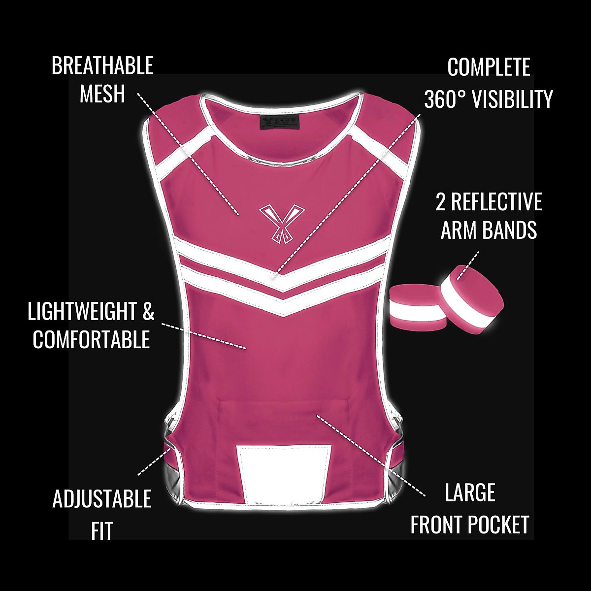 247 Viz Running Reflective Vest with Inside Pocket and 2 Bands, High Visibility Reflective Running Gear Safety Vest Straps for Men Women Kids for Night Running Walking Cycling