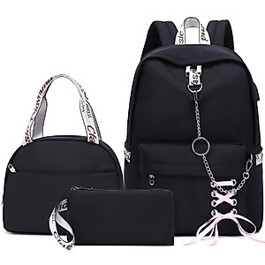 Hey Yoo School Backpack for Girls Women Children Kids Backpack School Bag Bookbag Set with Lunch Bag for Teen Girl (Black)