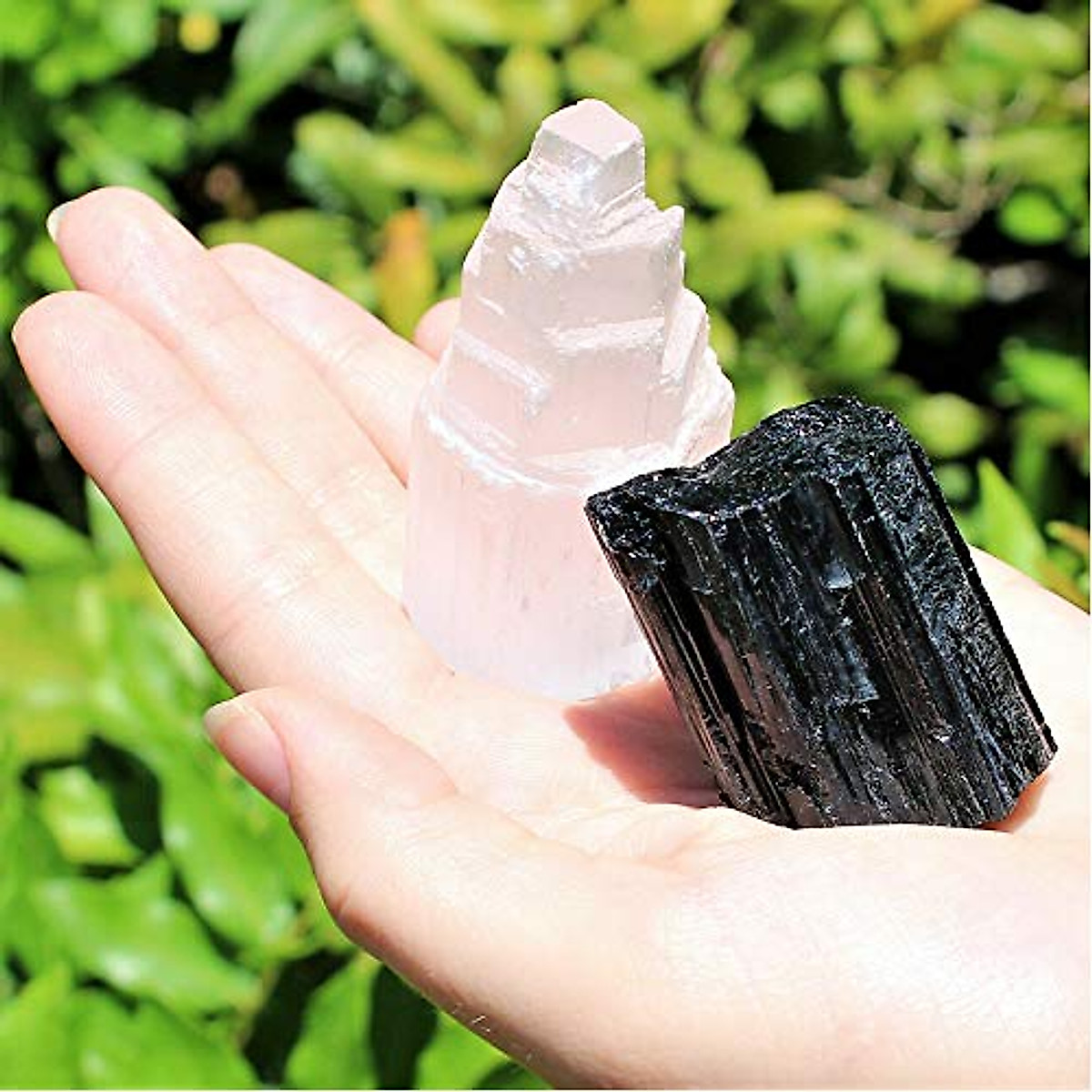Wixine 2Pcs 1 Selenite Tower & 1 Extra Grade Black Tourmaline Home Protection Kit Reiki