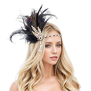 Tongcloud 1920s Flapper Feather Headband Roaring 20s Gatsby Headpiece Women's 1920s Headband Flapper Feather Headpiece (Black)