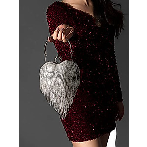 SWEETV Women's Rhinestone Heart Purse, Evening Clutch Bag for Formal Wedding Cocktail Prom Party Club, Silver