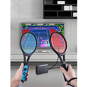 Tendak Tennis Racket for Nintendo Switch Joy-Con, Game Accessories for Mario Tennis Aces Game with 12 in 1 Game Card Case (2 Pack, Black)