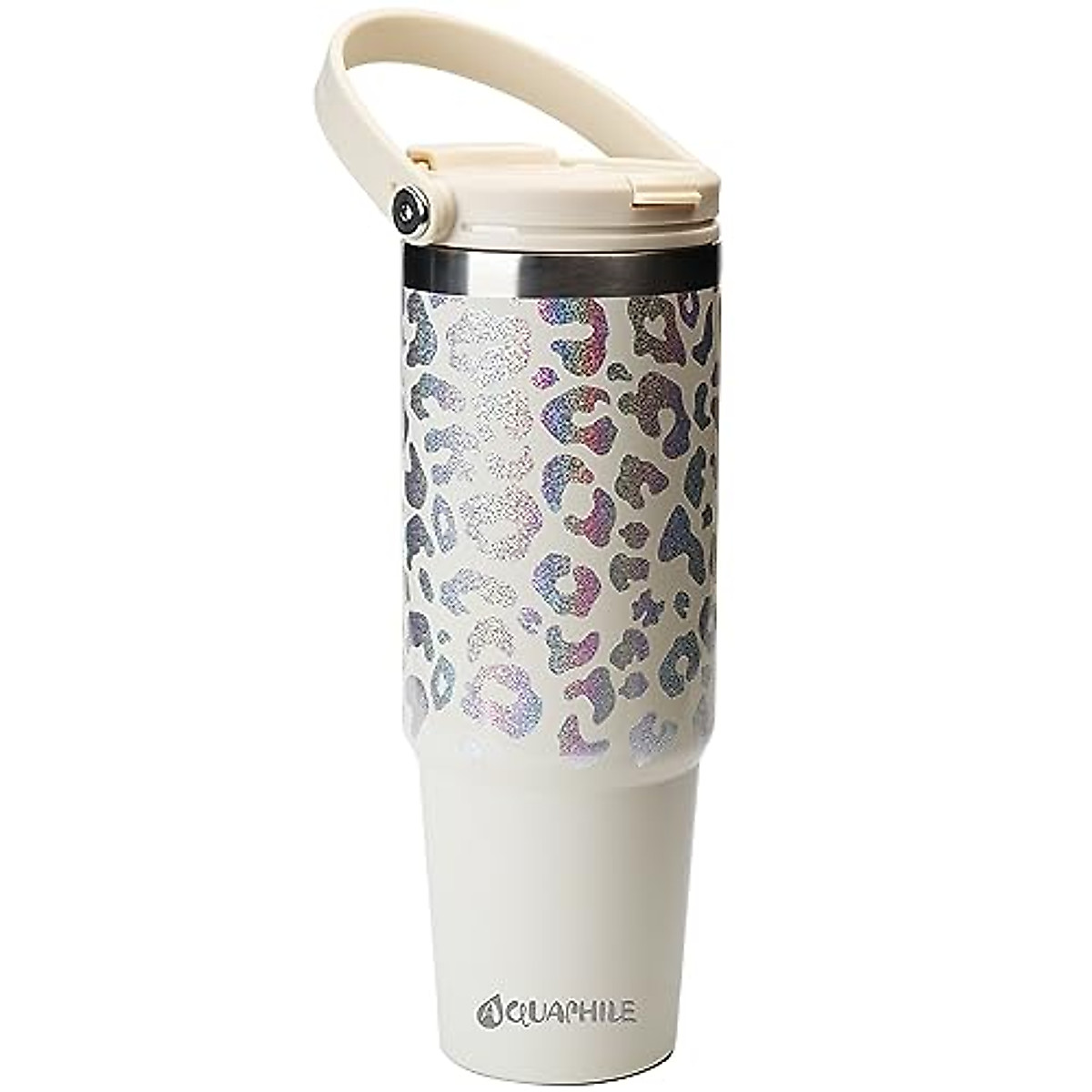 35oz Tumbler with Handle, Insulated Coffee Tumbler with Leak-proof 2-in-1 Lid and Straw, Double Wall Vacuum Insulated Coffee Mug, Stainless Steel Water Bottle for Hot&Cold Drinks(Ivory Leopard)
