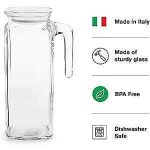 Friwer Glass Jug With Airtight Frosted Lid, Easy Pour Spout & Handle – For Water, Juice, Iced Coffee & Iced Tea, 34 Ounce (1 Liter)