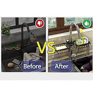 SIMCAS Faucet Sponge Holder Kitchen Sink Caddy, Over The Sink Shelf Drain Rack for Sink Organizer & Storage, Stainless Kitchen Sink Accessory for soap, Peeler,Brush (Double with Dishcloth Rack,Black)