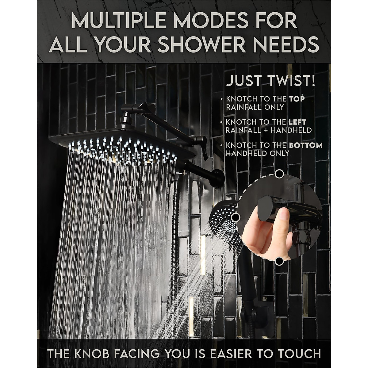 Veken High Pressure Rain Shower Head Combo with Extension Arm- Easy to Install Wide Rainfall Showerhead with 3 Water Spray Modes – Adjustable Dual Showerhead with Anti-Clog Nozzles