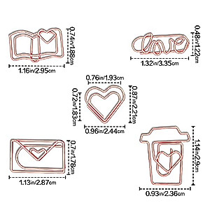 110 Pcs Rose Gold Cute Paper Clips Assorted Sizes and Shapes of Heart, Love, Letter, Book and Coffee Cup Small Bookmark Clips for School Office Home Wedding Women Girls Students Stainless Steel