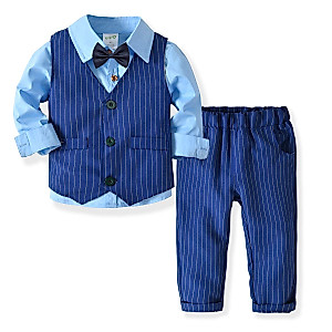 Little Boys Gentleman Formal Suit Set with Vest, Pant, Shirt, and Bow Tie,Baby Boys Long Sleeve Wear Weding 4Pcs Outfit (Blue, 130/6-7T)
